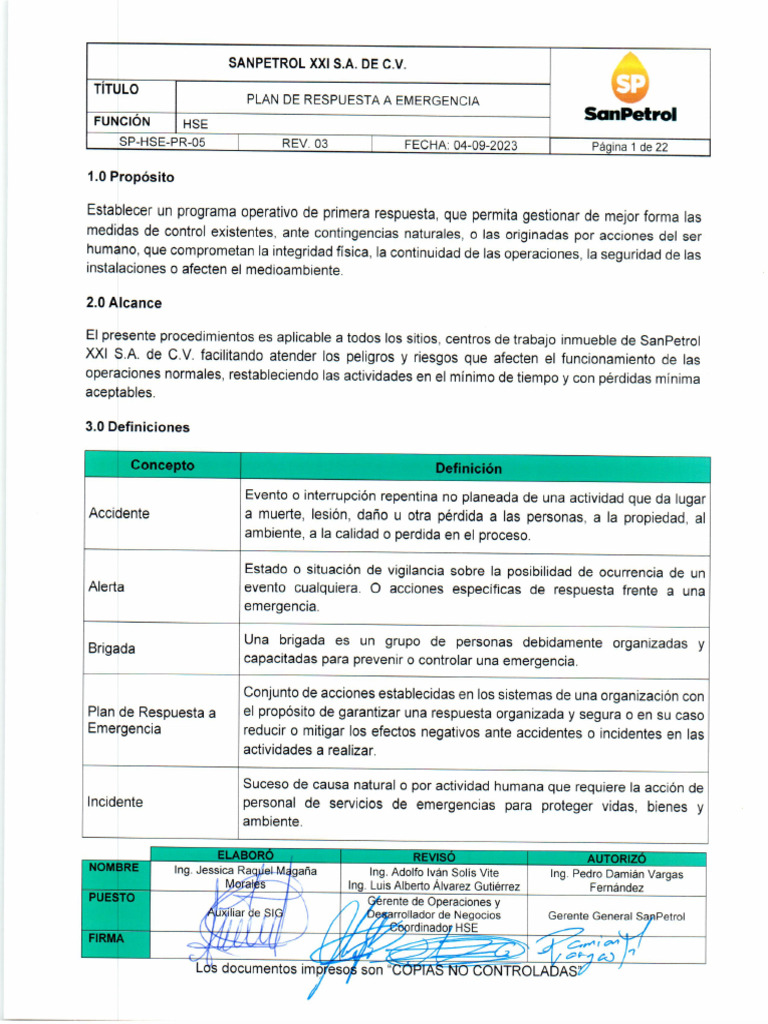 Sp-Hse-Pr-05 Plan de Respuesta A Emergencia-1 | PDF