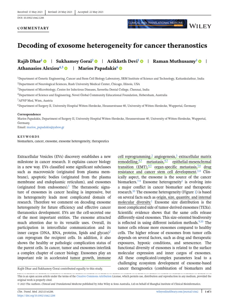 2023 - Decoding of Exosome Heterogeneity For Cancer Theranostics - PR ...