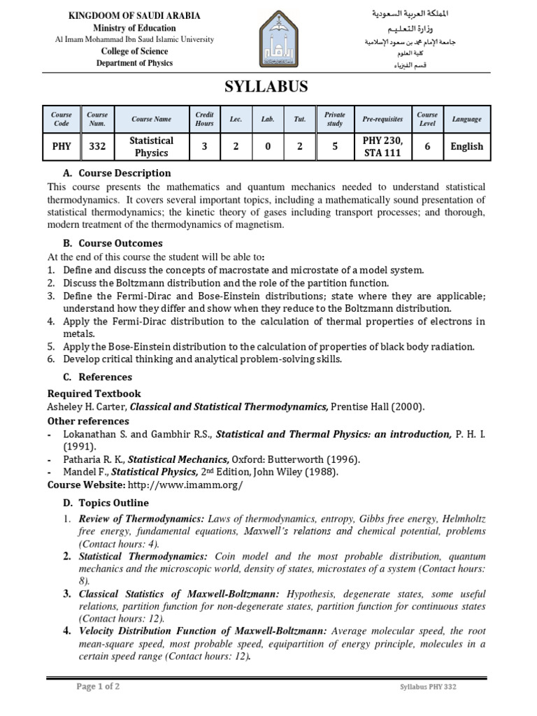 Statistical Physics Syllabus | PDF | Statistical Mechanics | Gases