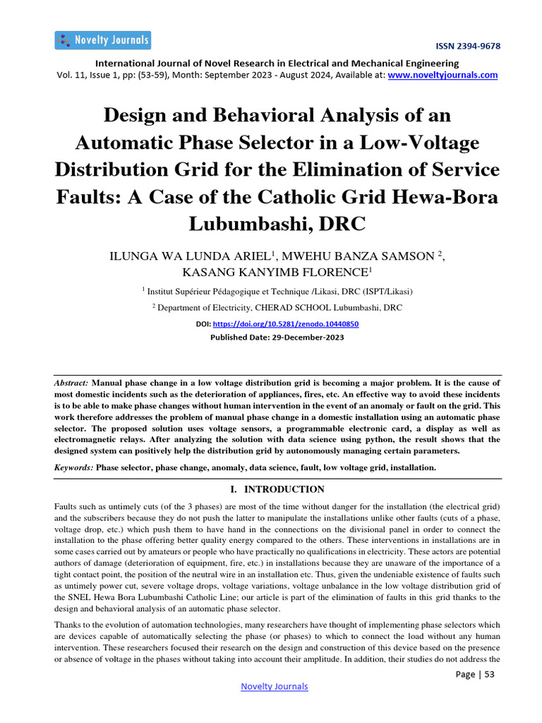 Design and Behavioral Analysis of An Automatic Phase Selector in A Low-Voltage Distribution Grid ...