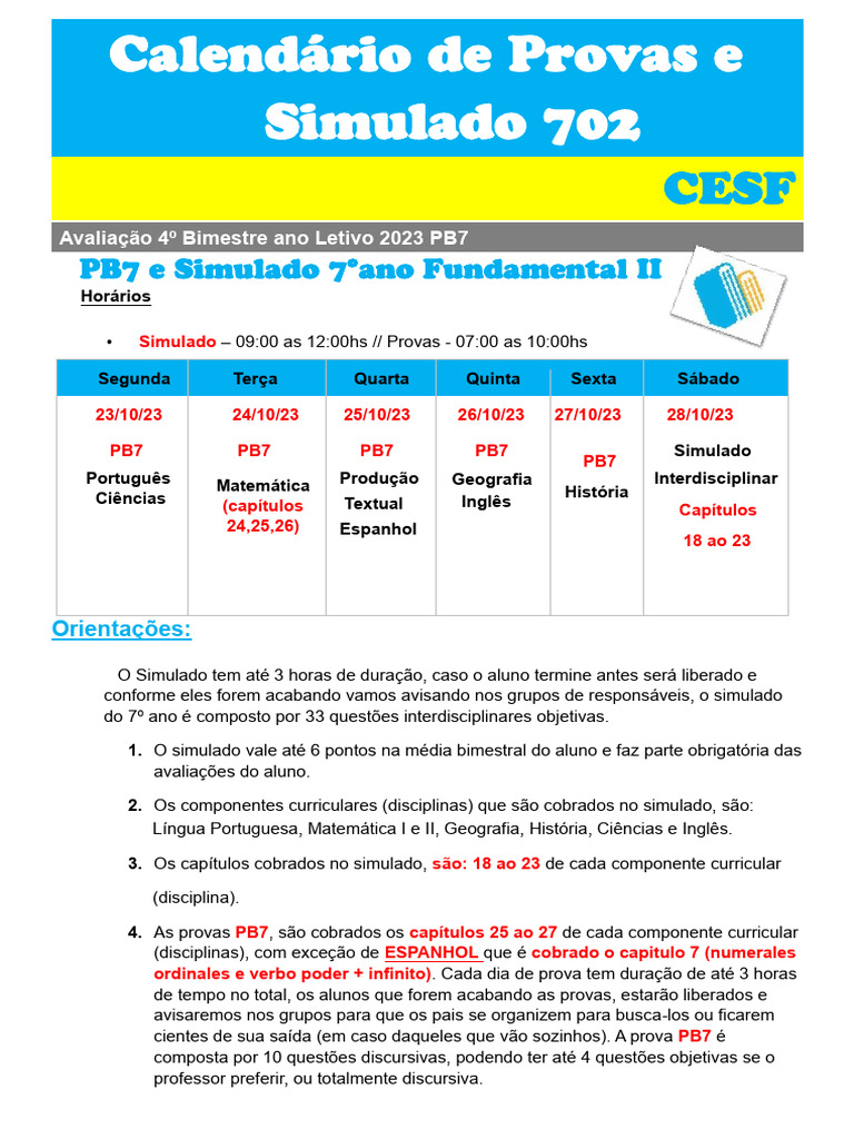 Calendário de Provas e Simulado PB7 702 | PDF | Estudos de Línguas Estrangeiras | Métodos e ...