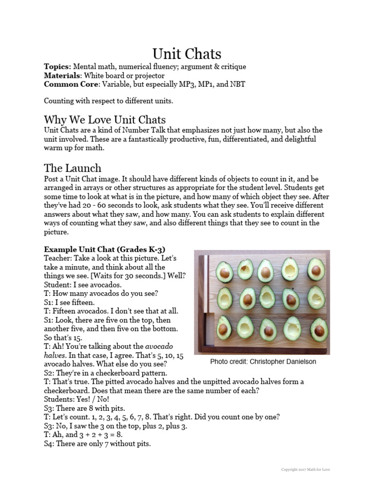 Unit Chats Booklet From Math For Love PDF | PDF