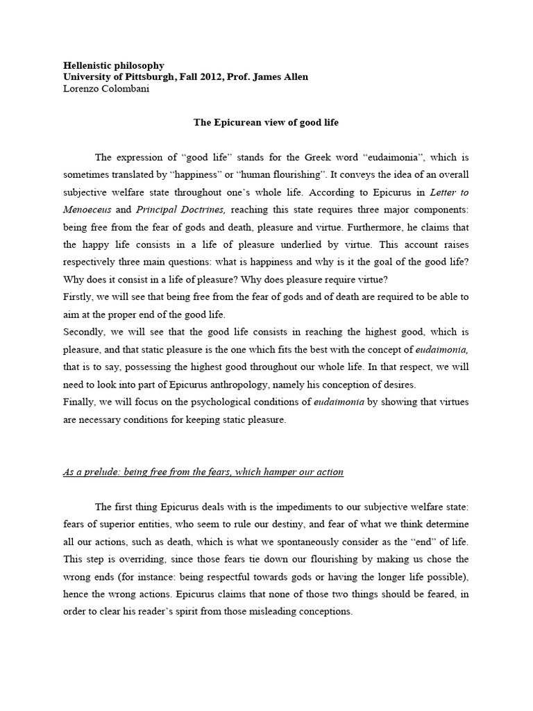 The Epicurean View of Good Life | PDF | Pleasure | Prudence