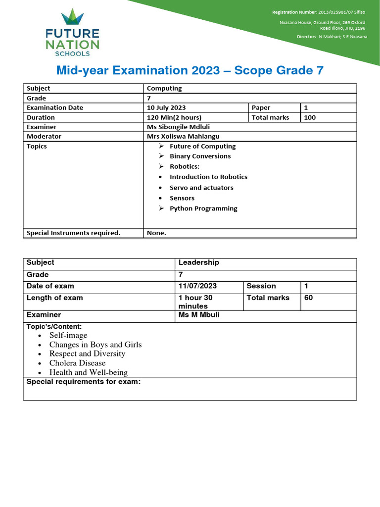 Grade 7 - Mid-Year-Exam Scopes | PDF