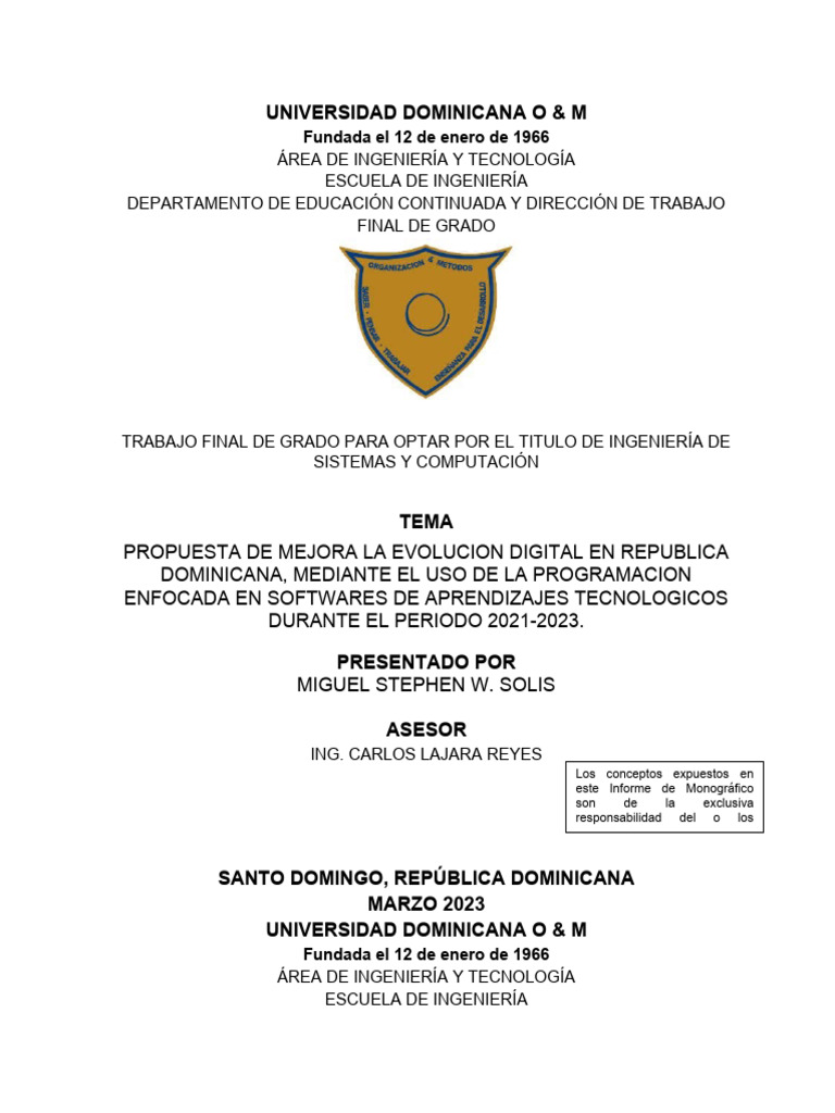 Anteproyecto MIGUEL STEPHEN W. SOLIS | PDF | Enseñando | Aprendizaje