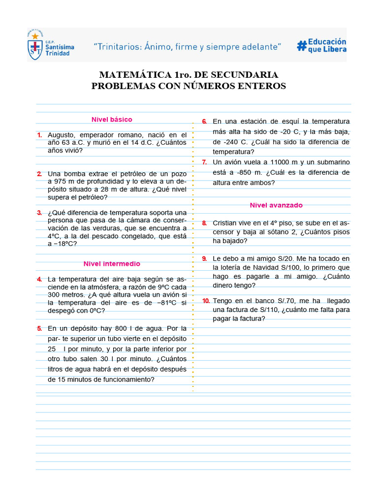 Problemas Con Números Enteros | PDF