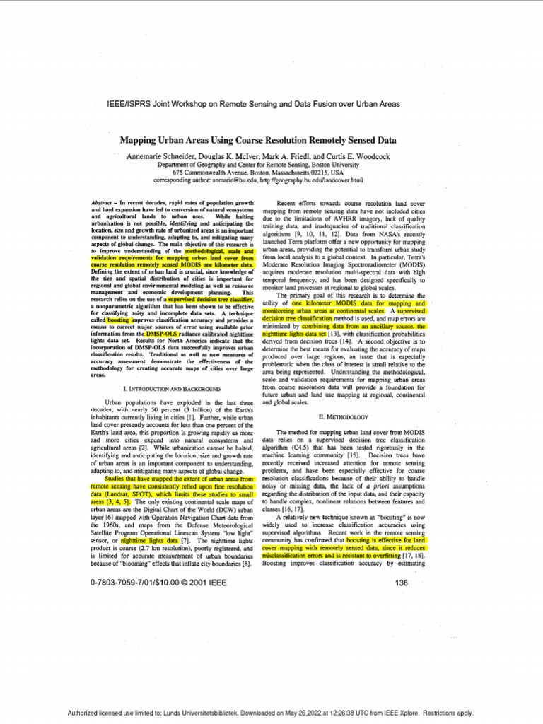 Mapping Urban Areas Using Coarse Resolution Remotely Sensed Data Pdf Statistical 