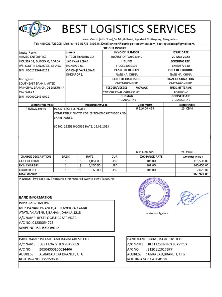 Toner Cartridge Freight Invoice Details | PDF