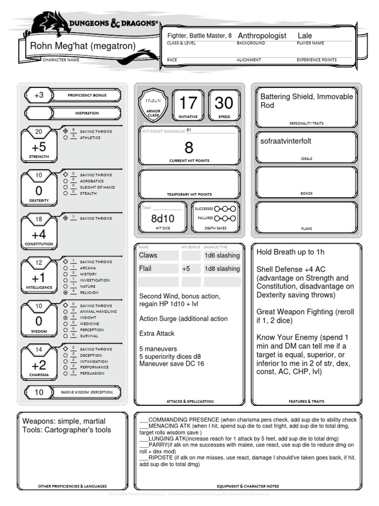 Character Sheet Lale, Fighter, Battle Master | PDF