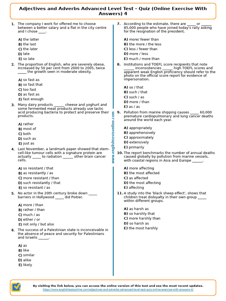 342 Adjectives and Adverbs Advanced Level Test Quiz Online Exercise ...