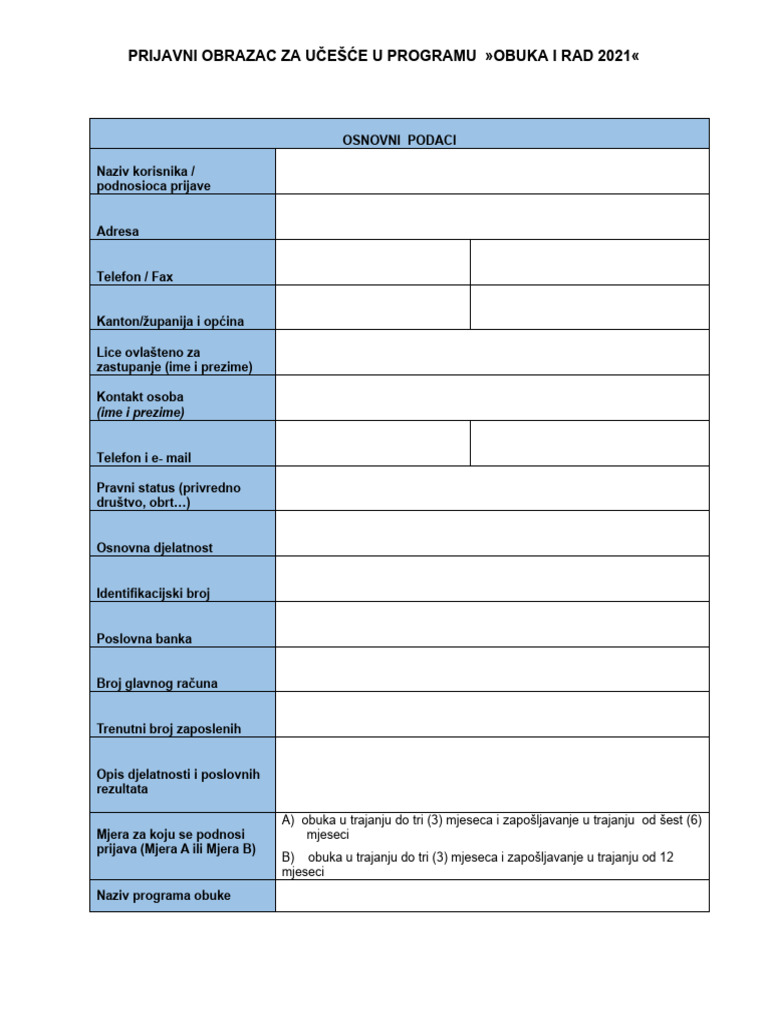 Prijavni Obrazac Obuka I Rad 2021 | PDF