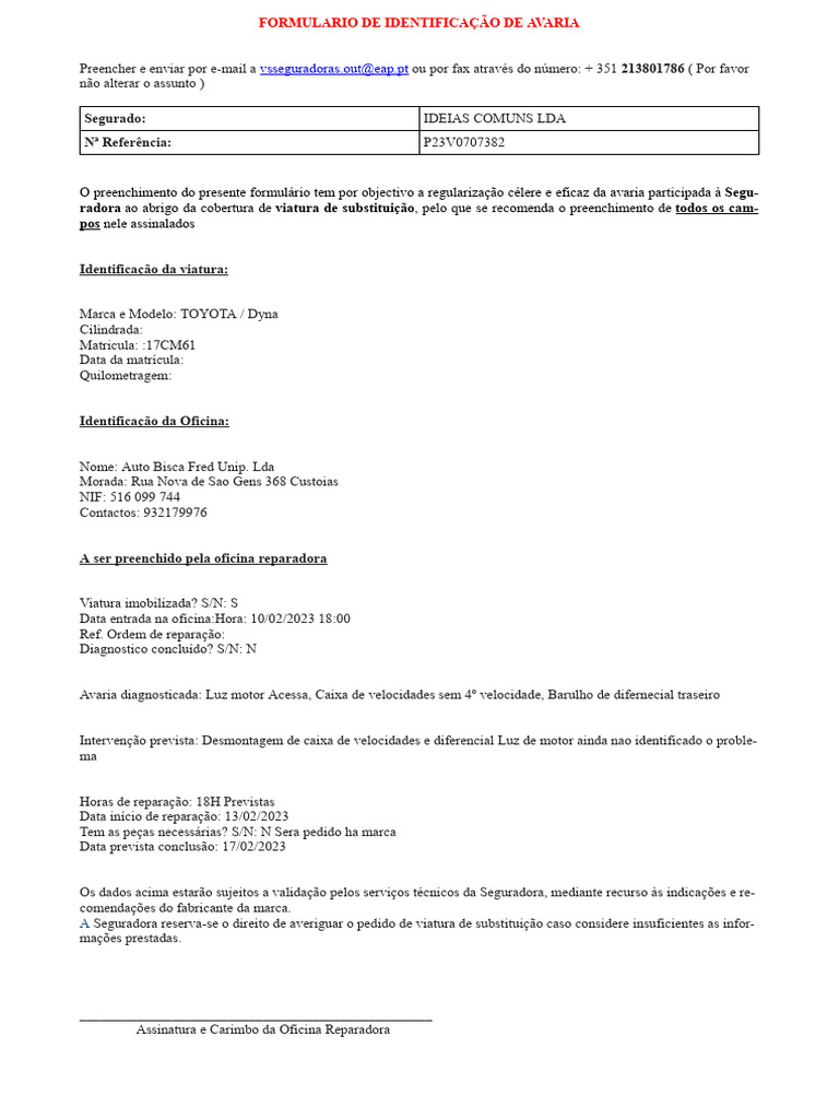 Formulario de Identificação de Avaria | PDF