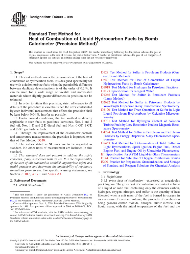 D4809-Standard Test Method For Heat of Combustion of Liquid Hydrocarbon ...