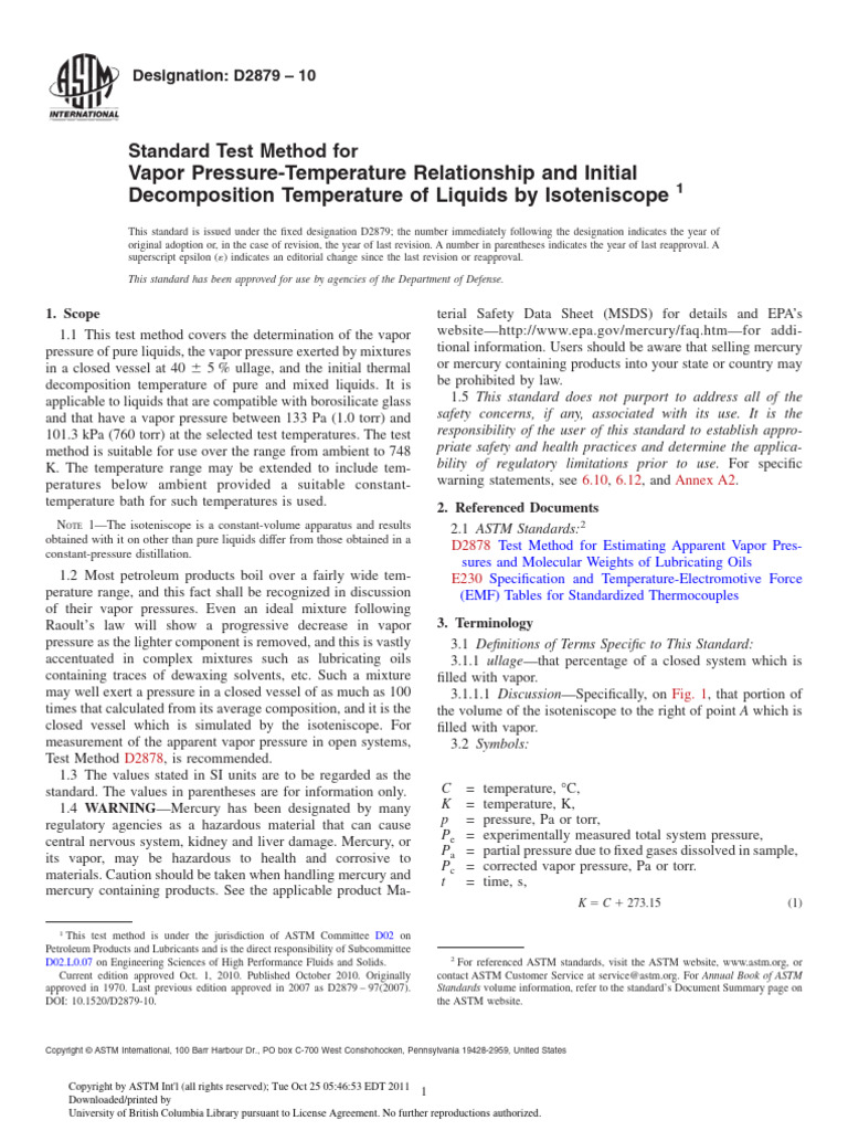 D2879-Standard Test Method For Vapor Pressure-Temperature Relationship ...