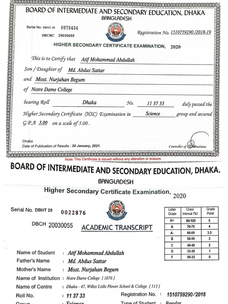 Atif Abdullah HighSchoolCertificate | PDF