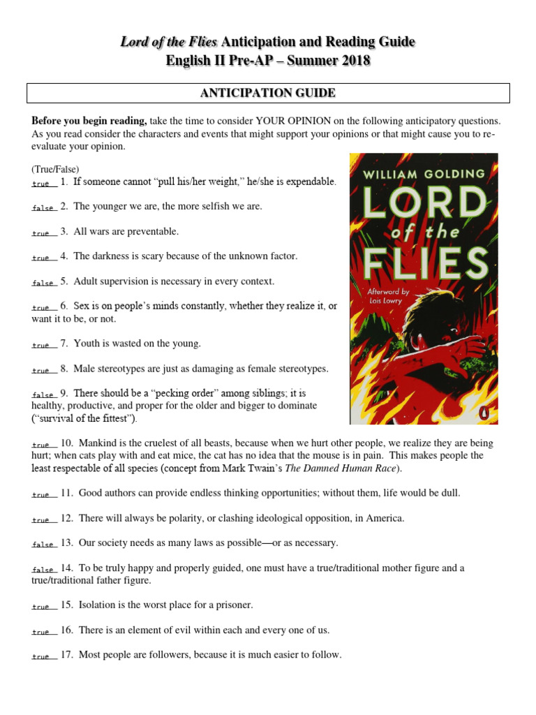 Lord of The Flies Anticipation and Reading Guide | PDF | Id | Psychology