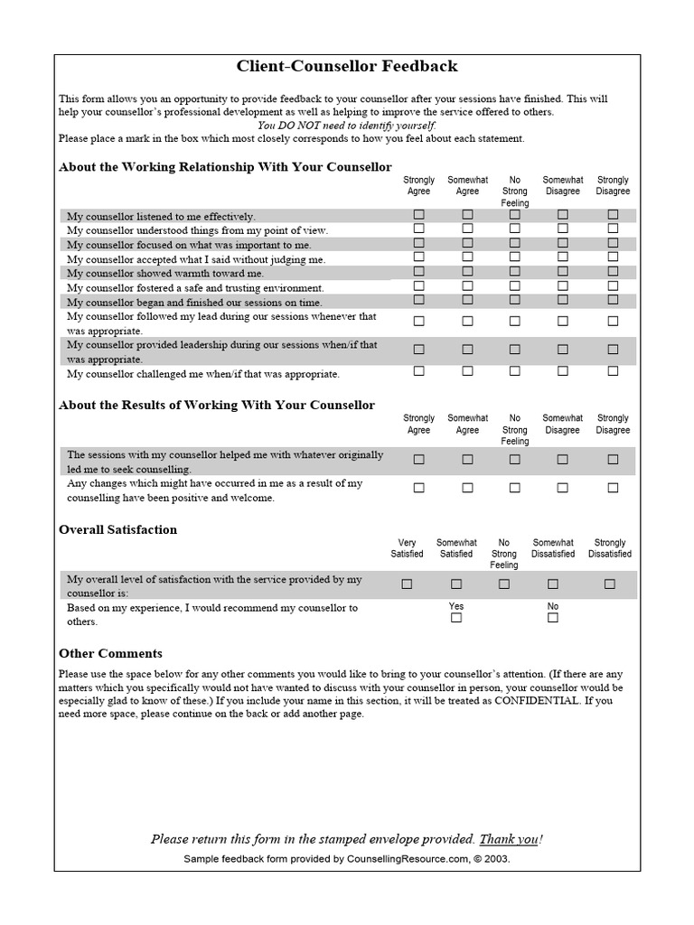 Client Feedback for Counselling Sessions | PDF | Psychology ...