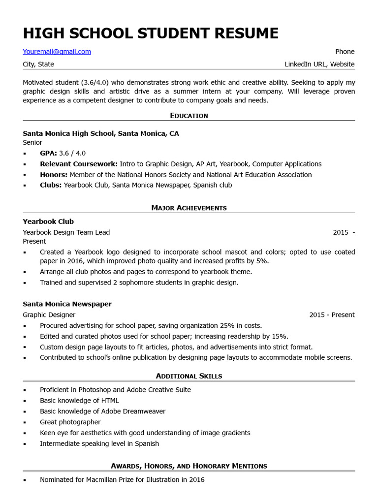High School Student Resume Sample MSWord Download 2 | PDF | Graphic ...