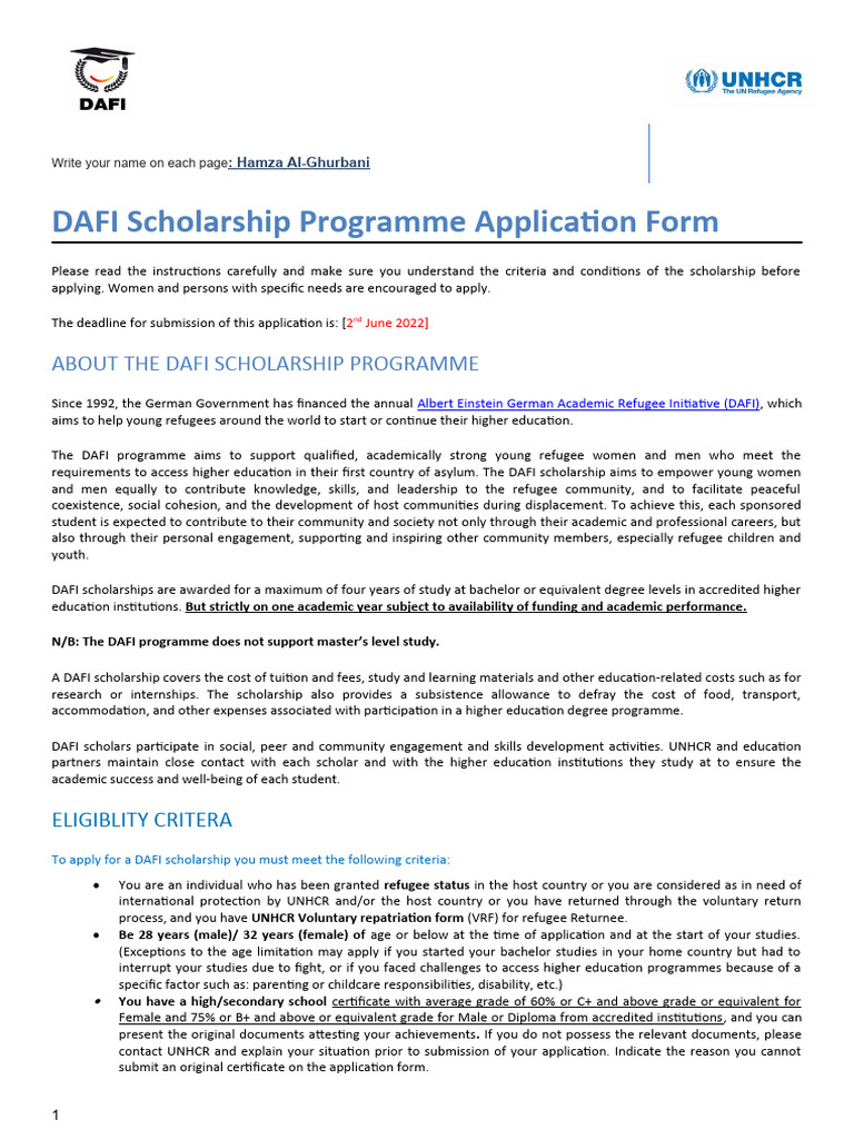 DAFI 2022 Application Form 2 | PDF