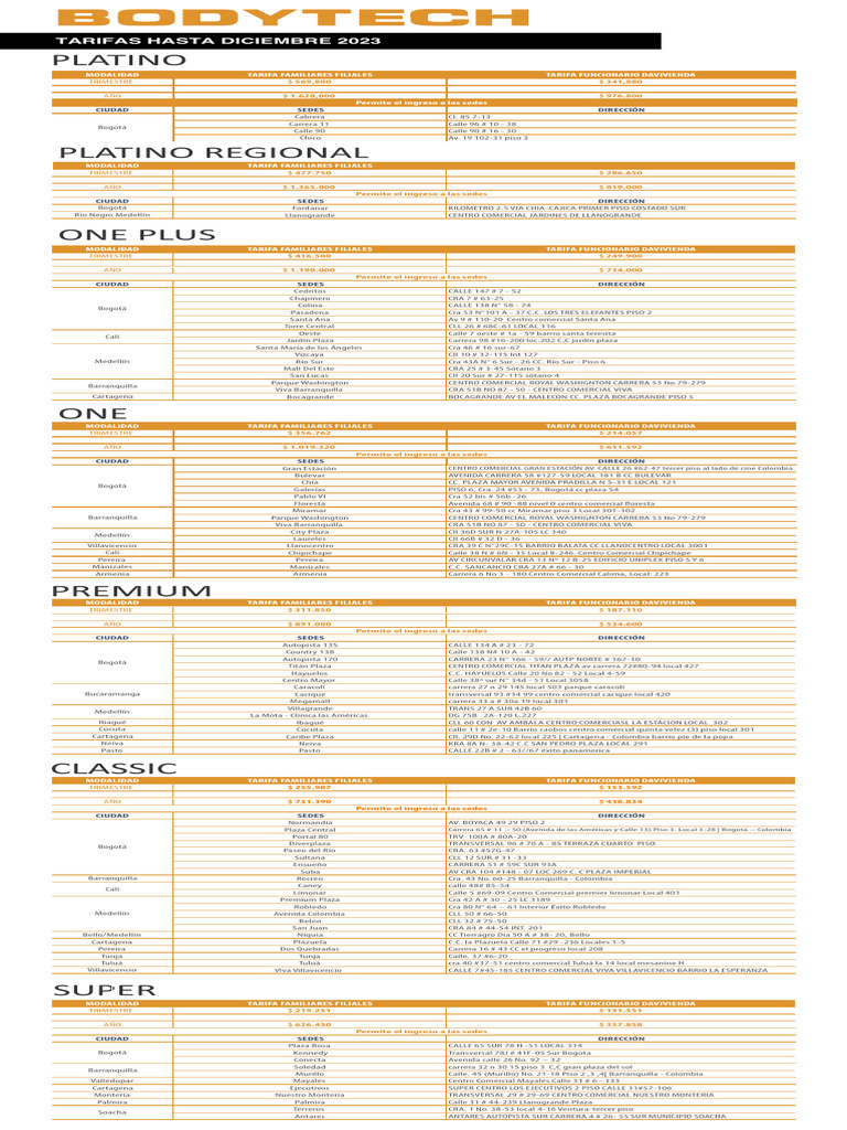 BODYTECH TARIFAS 2023 | PDF | Bogotá