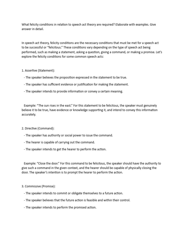 Felicity Conditions in Relation To Speech Act Theory | PDF | Evidence ...