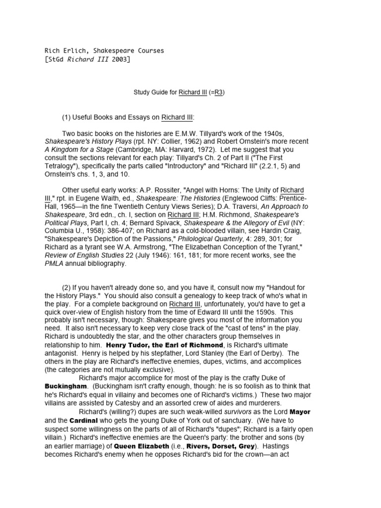 Study Guide For Shakespeares RICHARD III | PDF