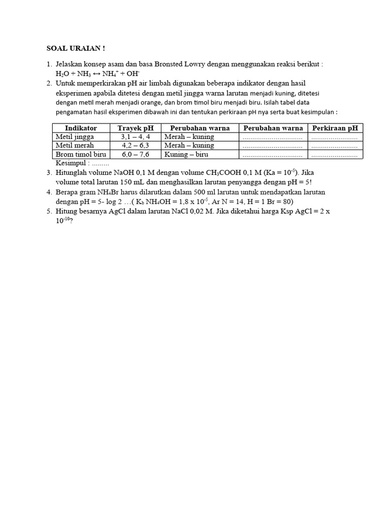 Soal Uraian Kimia Kelas Xi | PDF