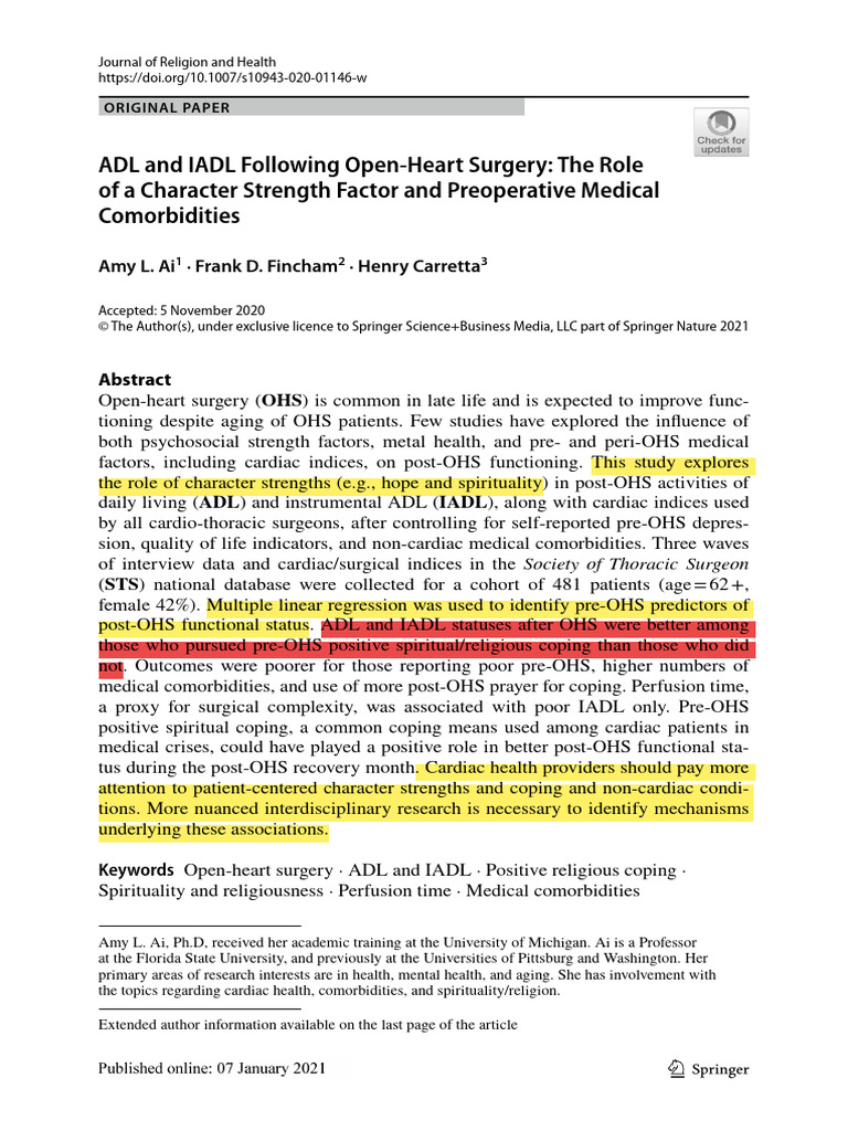 ADL and IADL Following Open-Heart Surgery The Role of A Character ...