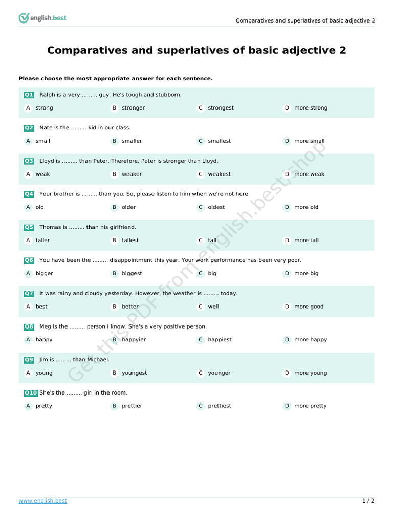 Englishbest - Comparatives and Superlatives Basic Adjective 2 | PDF ...