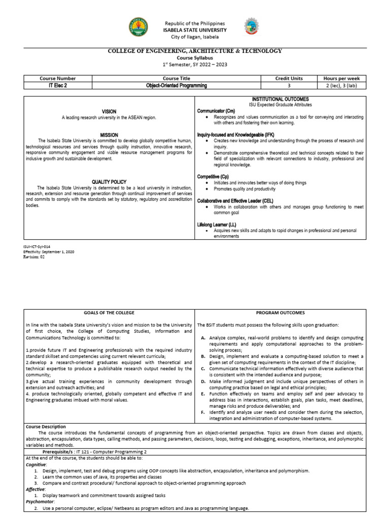 Syllabus It Elec 2 Object Oriented Programming Pdf