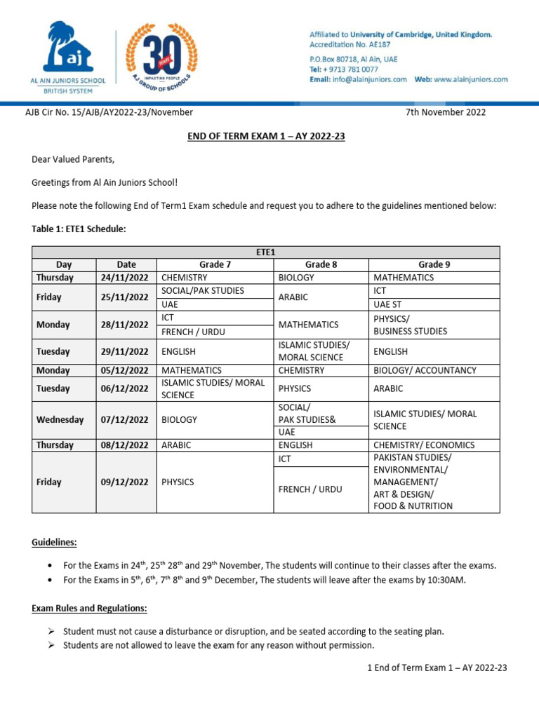 Grade 8 ETE 1 Exam Schedule | PDF