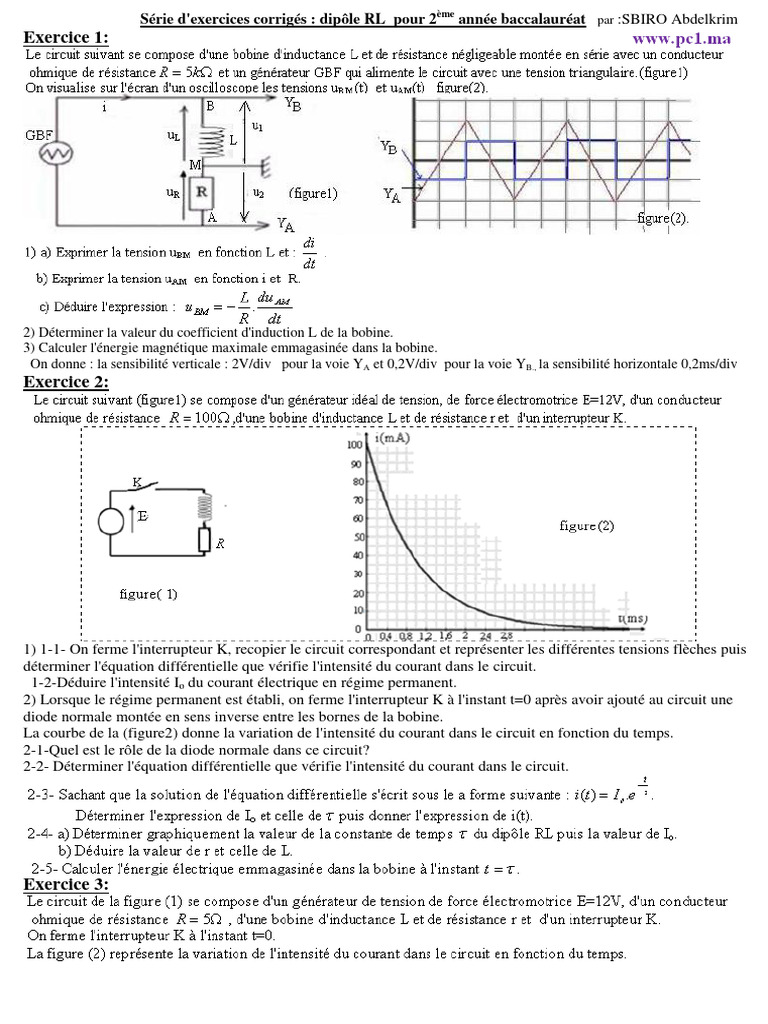 Exercices corrigés sur le dipôle RL | PDF | Tension électrique | Résistance (électricité)