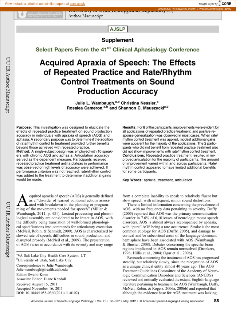Acquired Apraxia of Speech: The Effects of Repeated Practice and Rate ...