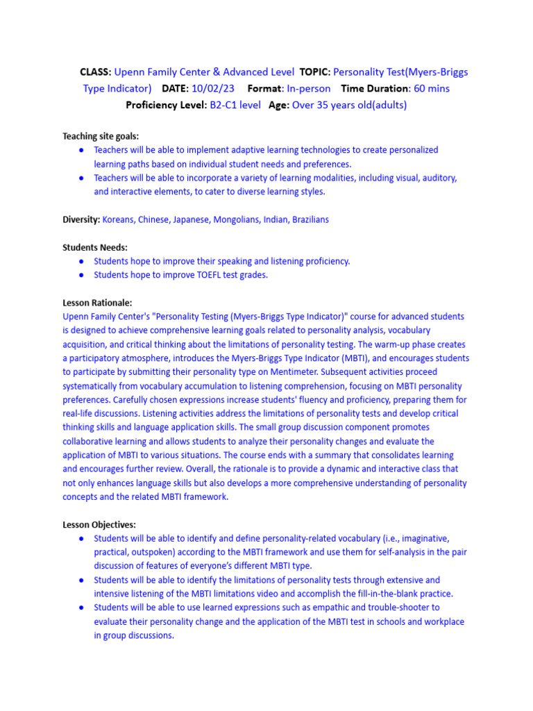 Lesson Plan 1 Final | PDF | Learning | Learning Styles Lesson Plan 1 Final | PDF | Learning | Learning Styles