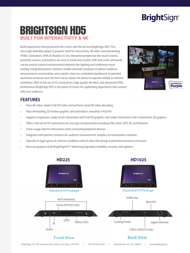 Brightsign HD5-datasheet | PDF | Video | Usb