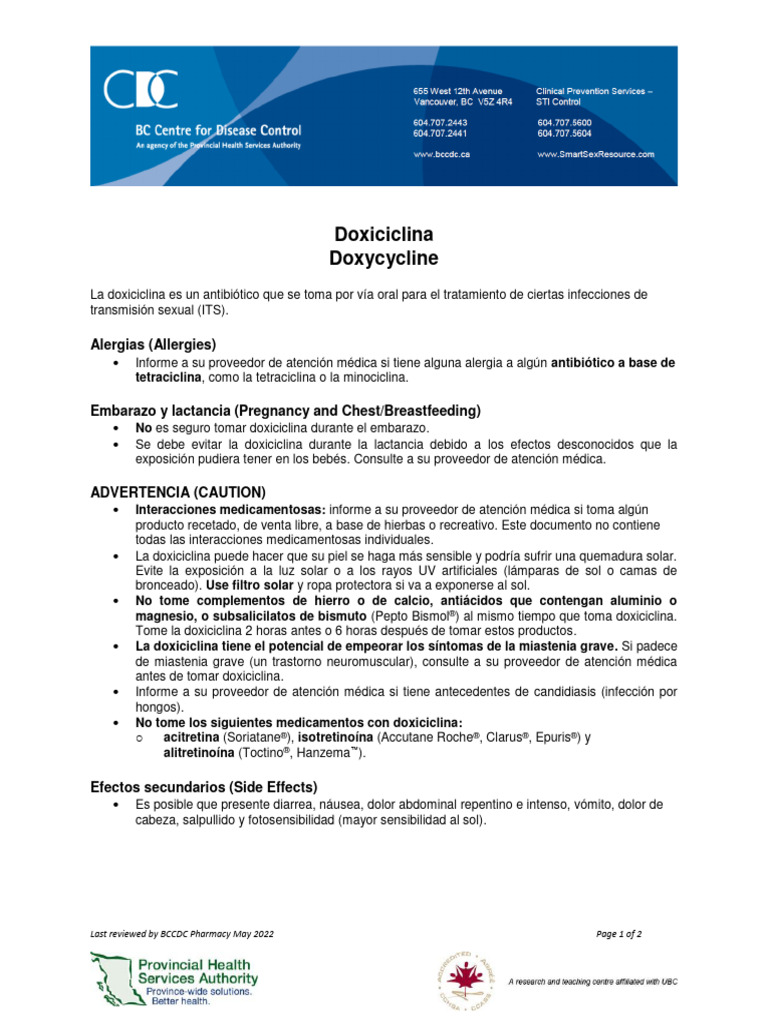 STI Handout Doxycycline Spanish | Descargar gratis PDF | Medicina ...