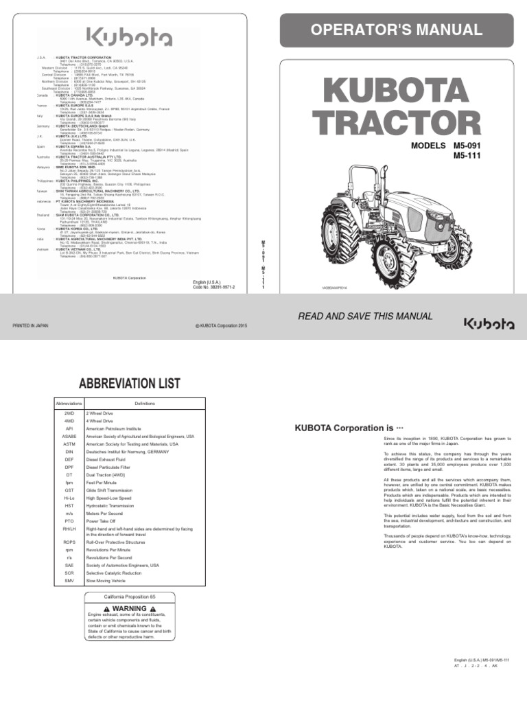 Kubota M5-091 M5-111 Operator Manual | Download Free PDF | Tractor | Mechanical Engineering