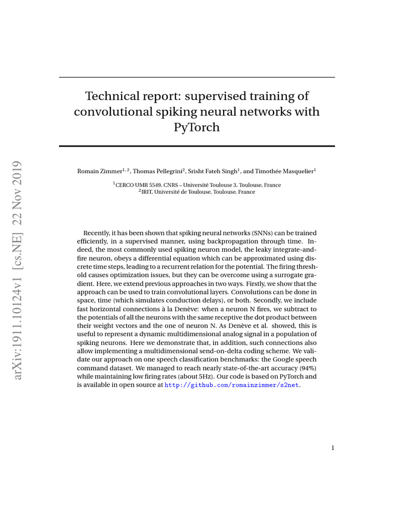 Technical Report: Supervised Training of Convolutional Spiking Neural Networks With Pytorch ...