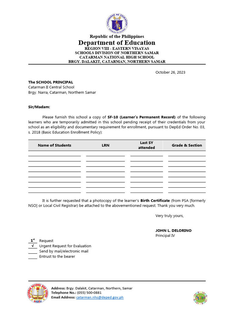 Request Letter For SF10 - CNHS | PDF
