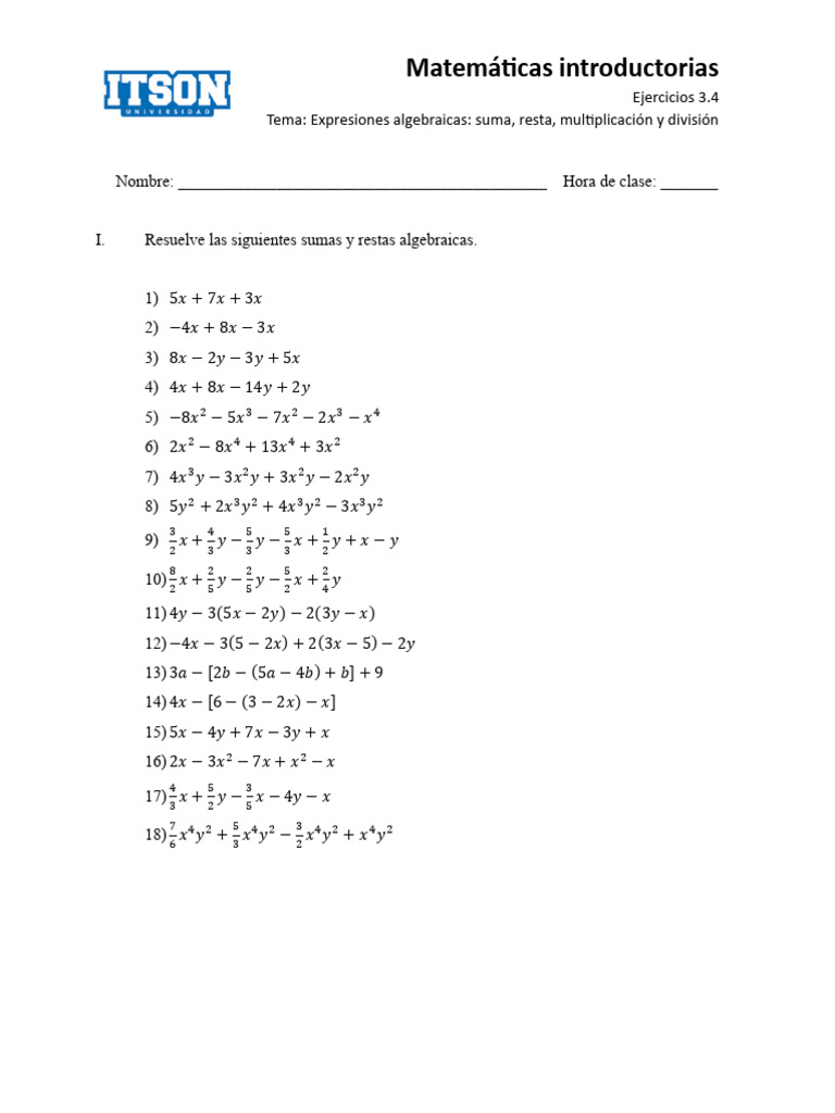 Asignación - Operaciones Básicas Con Expresiones Algebraicas | PDF