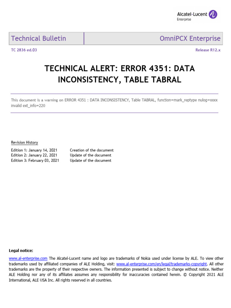 TC2836en - Ed03 - Technical - Alert - Error - 4351 - Data - Inconsistency - Table - Tabral | PDF ...