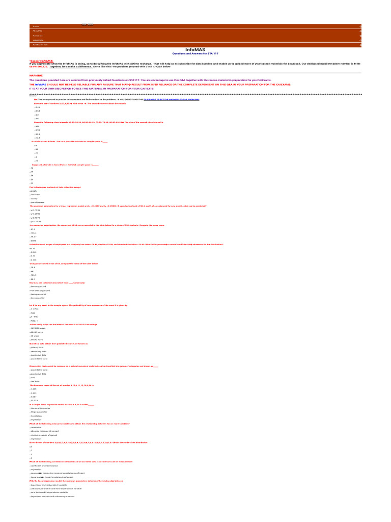 STA 117 PQ With Answers-1 | PDF | Regression Analysis | Linear Regression