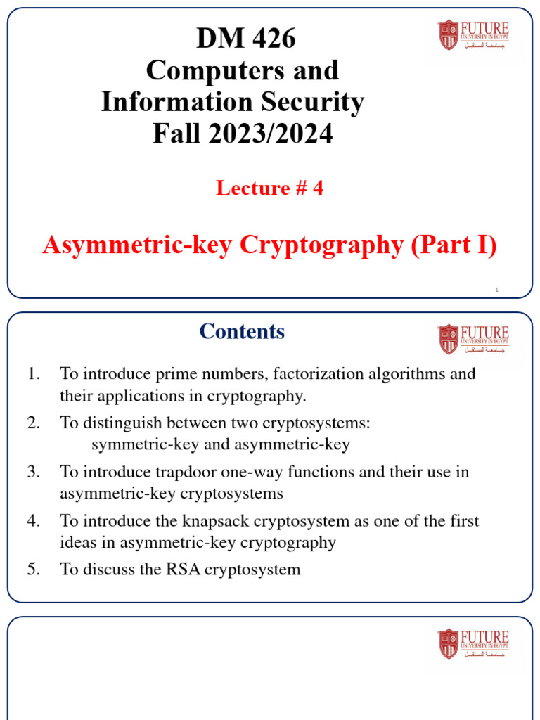 Lecture 4 - Asymmetric-Key Cryptography - Part I | PDF