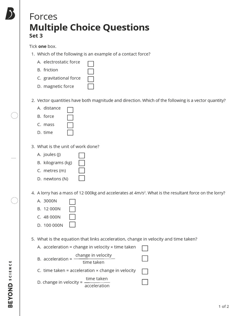 Forces Multiple Choice Questions Set 3 - Interactive | PDF | Force ...
