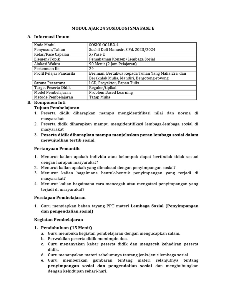Modul Ajar 24 Sosiologi Sma Fase e - Bab 4 | PDF