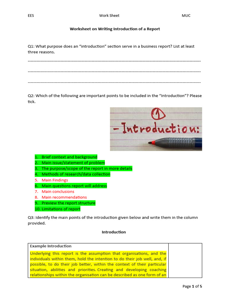 Worksheet On Introduction of Reports | PDF