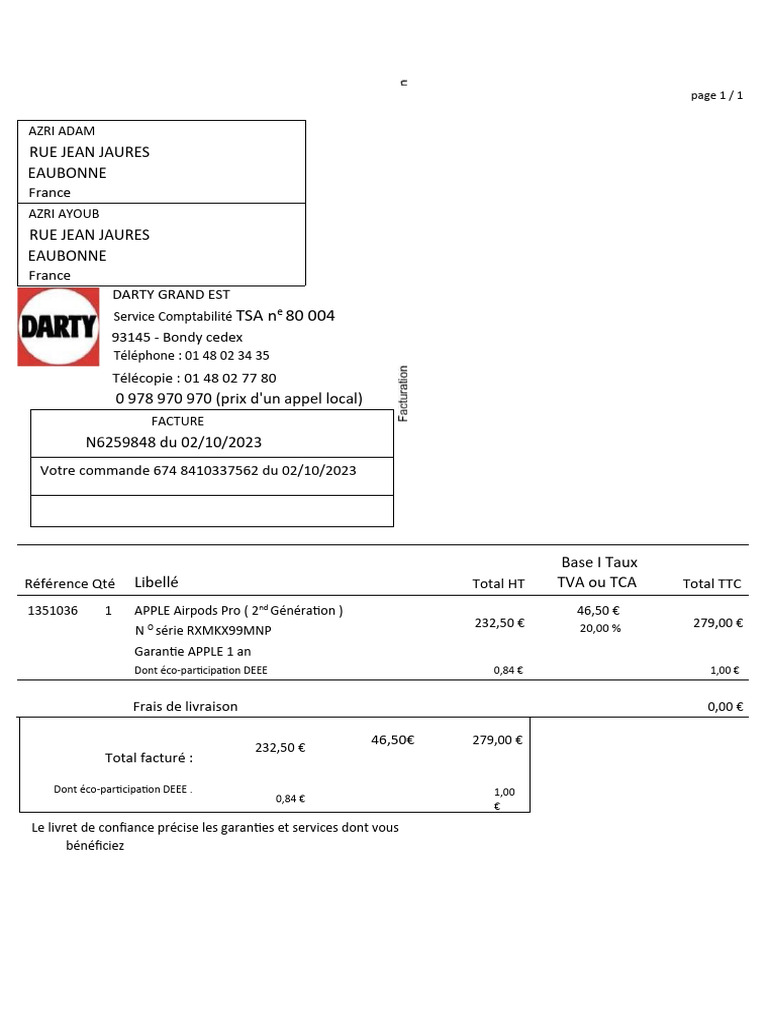 Facture Darty : Airpods Pro 279€ | PDF