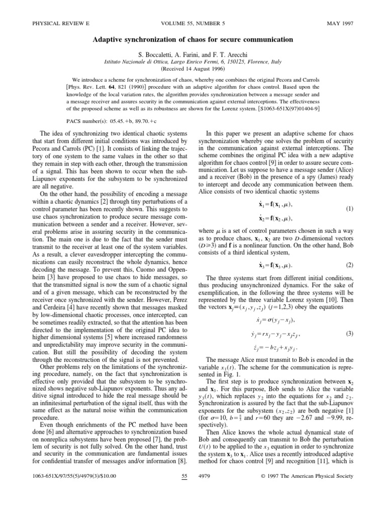 Adaptive Synchronization Of Chaos For Secure Communication Pdf Chaos Theory Dynamical System