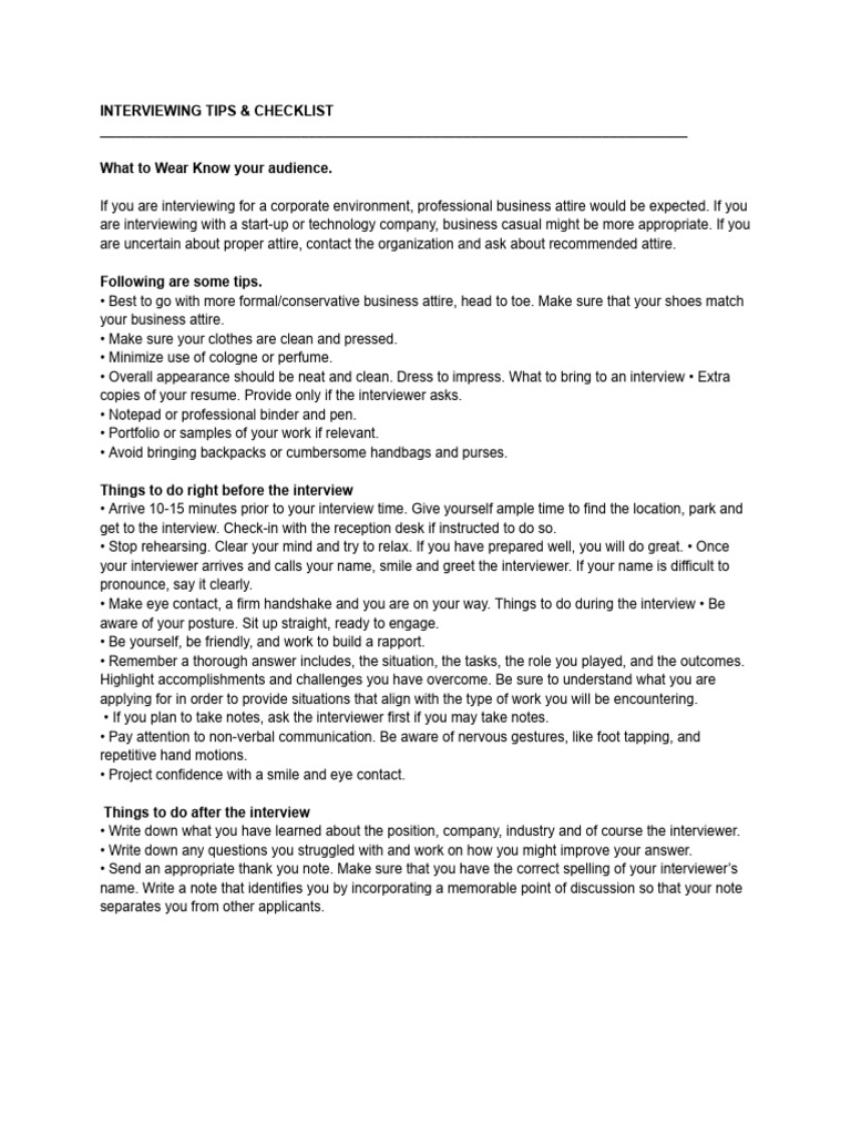 Interviewing Tips & Checklist | PDF | Nonverbal Communication | Human Communication