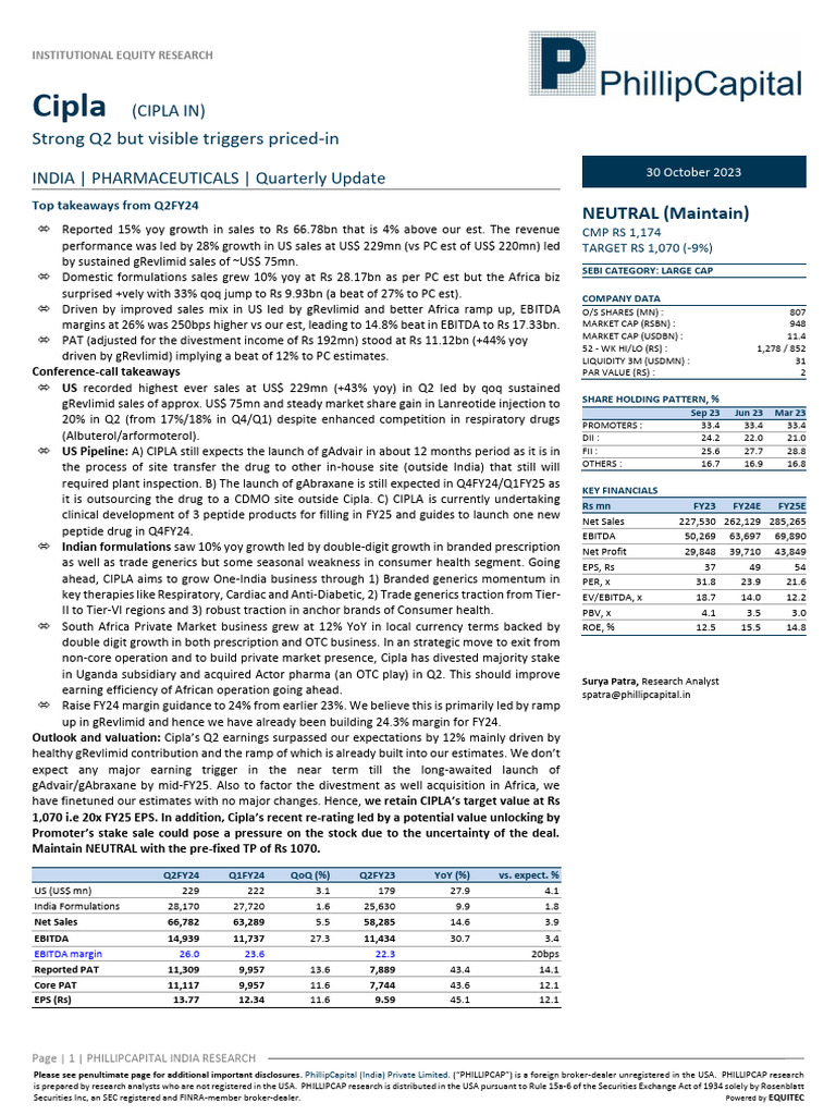 PC - Cipla Q2FY24 Update - Oct 2023 20231030075716 | PDF | Expense | Working Capital
